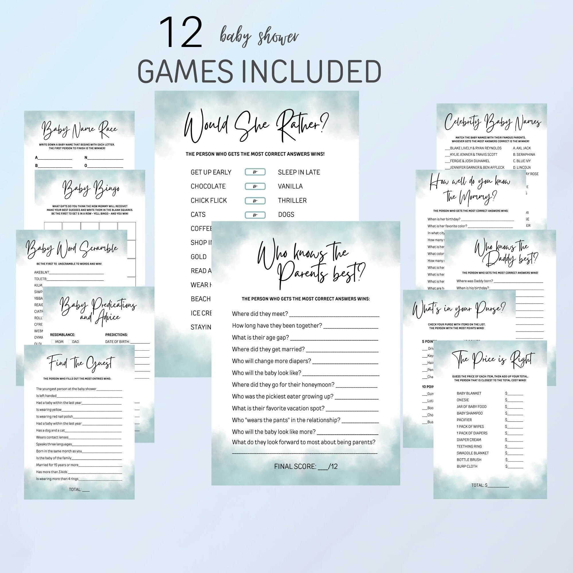 Blue Cloud Baby Shower Games, Baby Shower Printable Games, Baby Games ...