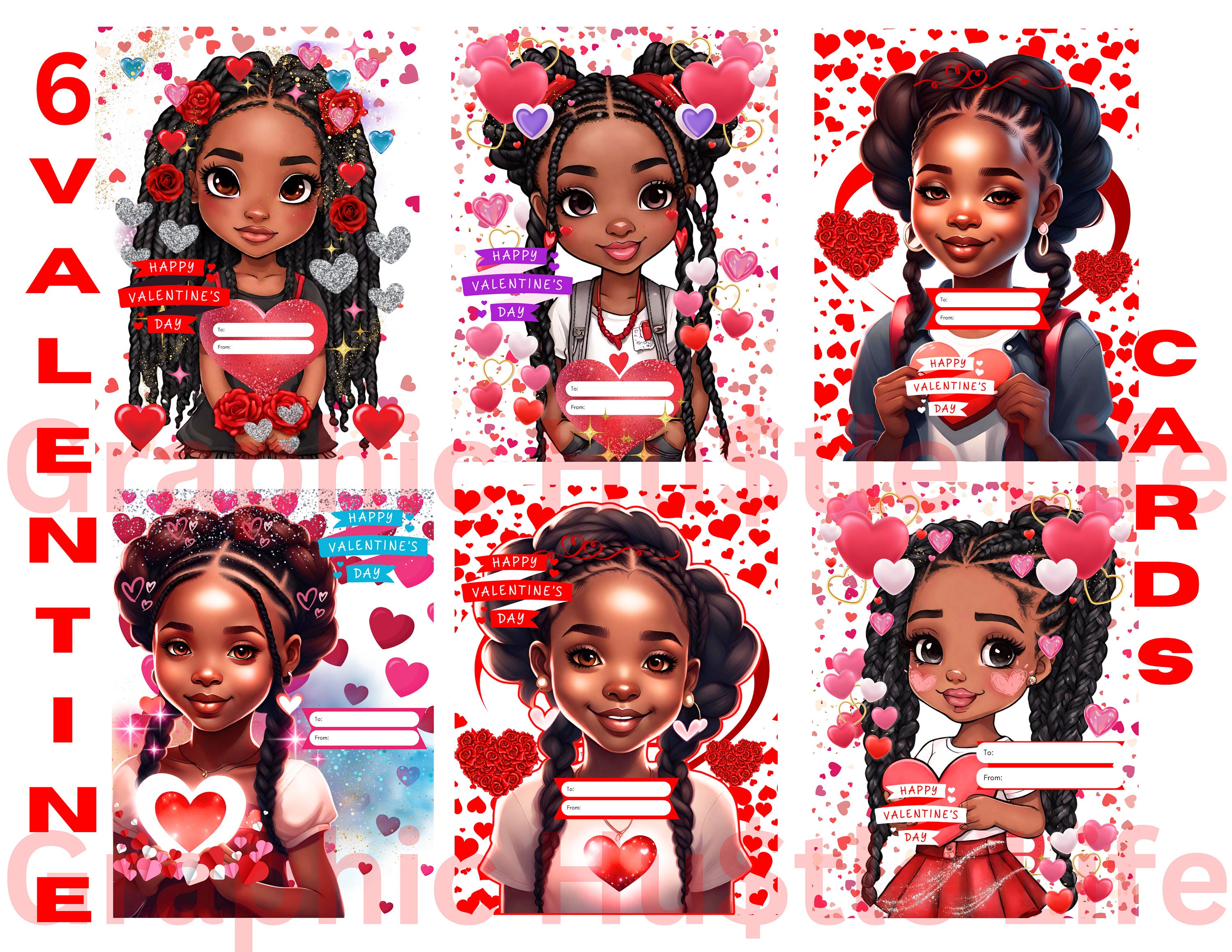 12 Valentine's Day Cards Bundle, Cute Black Girl Valentine Day Cards ...