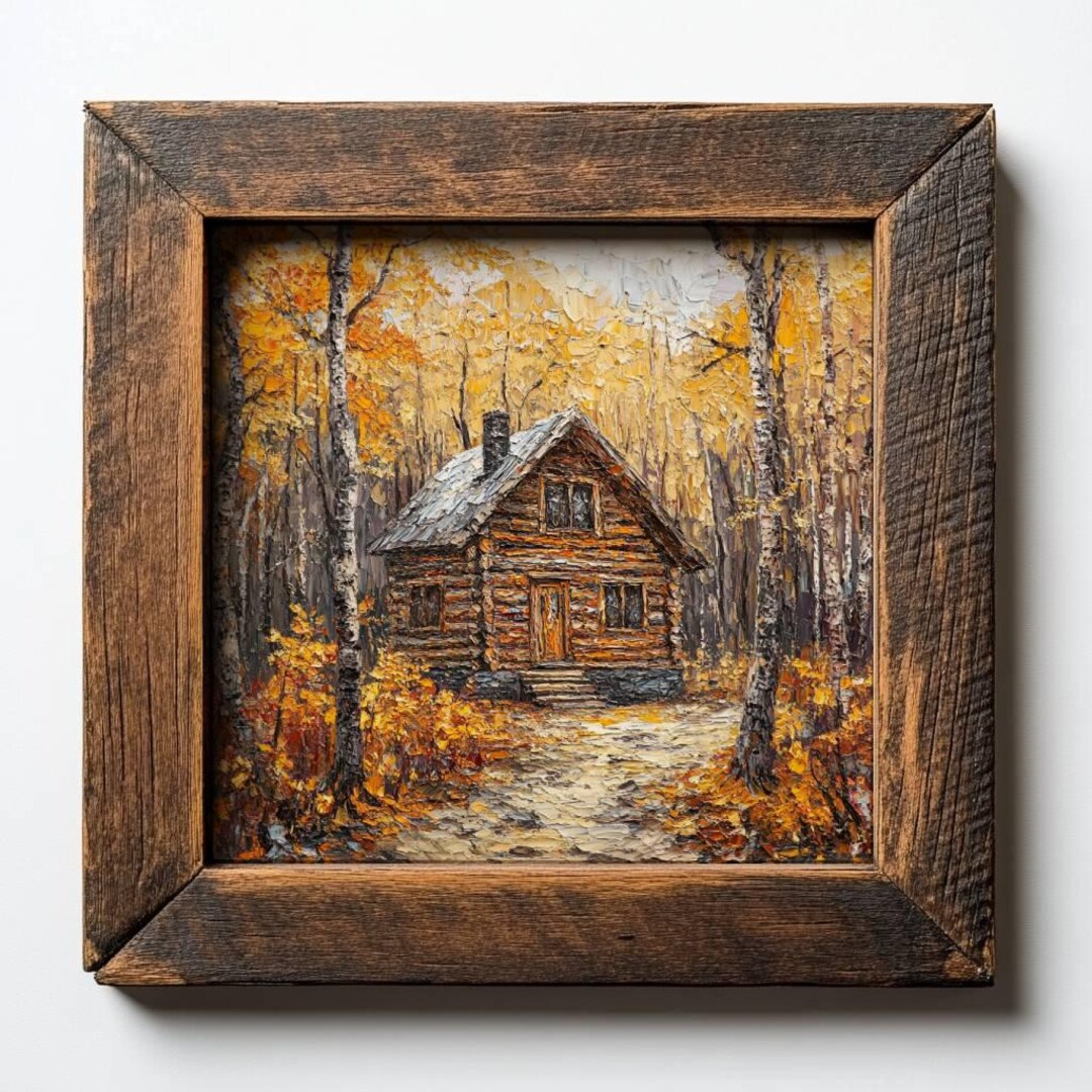 Rustic Log Cabin Oil Paining, Pine Tree Forest Wall Art, Cabin in the ...