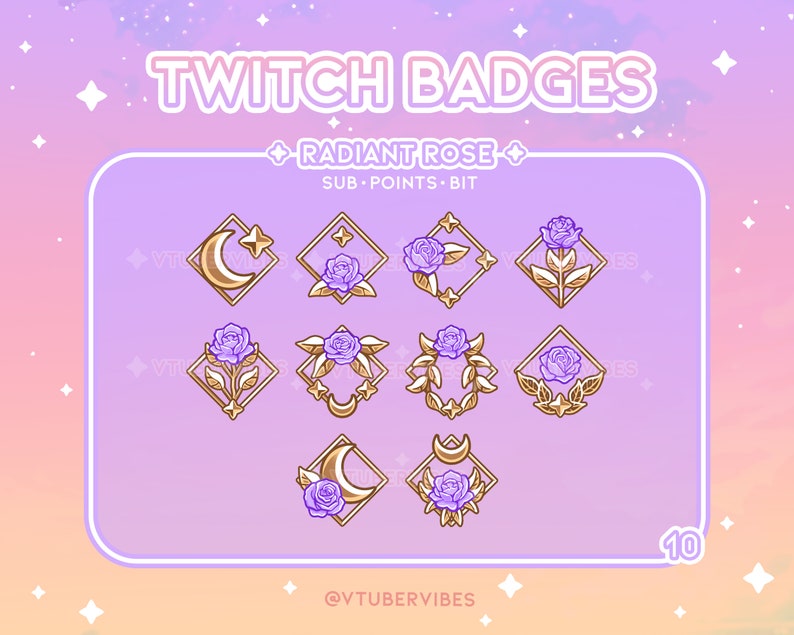 Lilac Radiant Rose Twitch Sub Badges / Conjunto de 10 / Emotes / Iconos ...