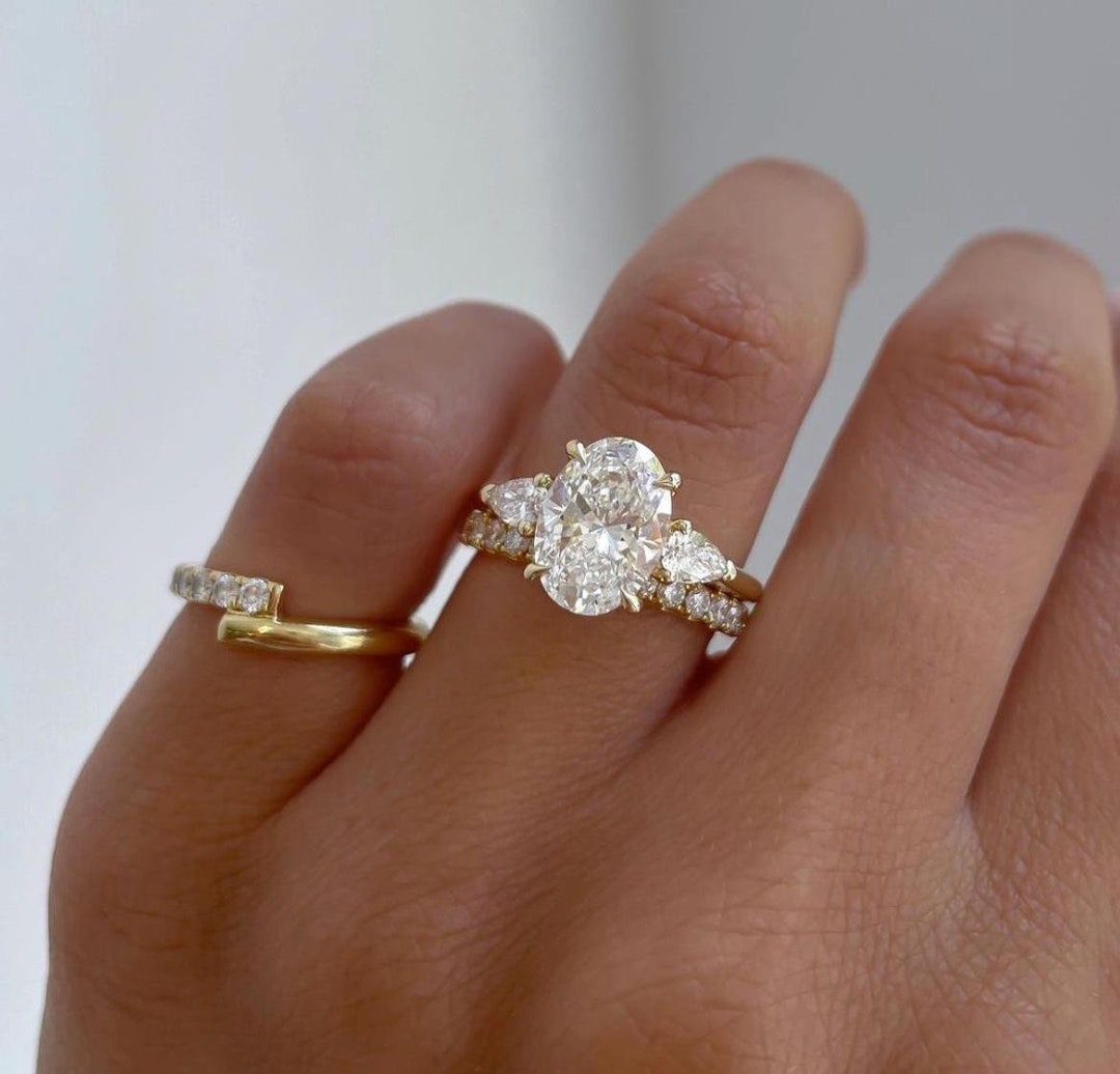 2 Carat Oval Diamond Three Stone Engagement Ring• 14k Yellow Gold ...