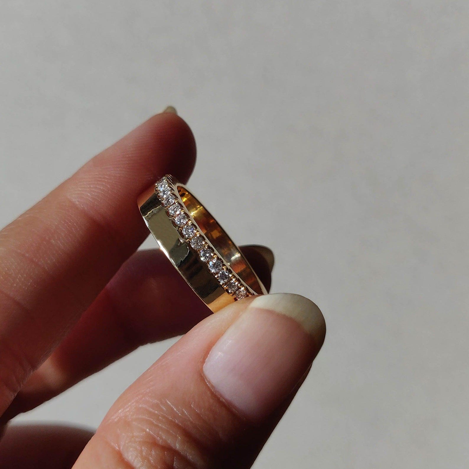 One Side Pave Wedding Band Solid Gold Half Eternity Flat Band 14k Gold ...
