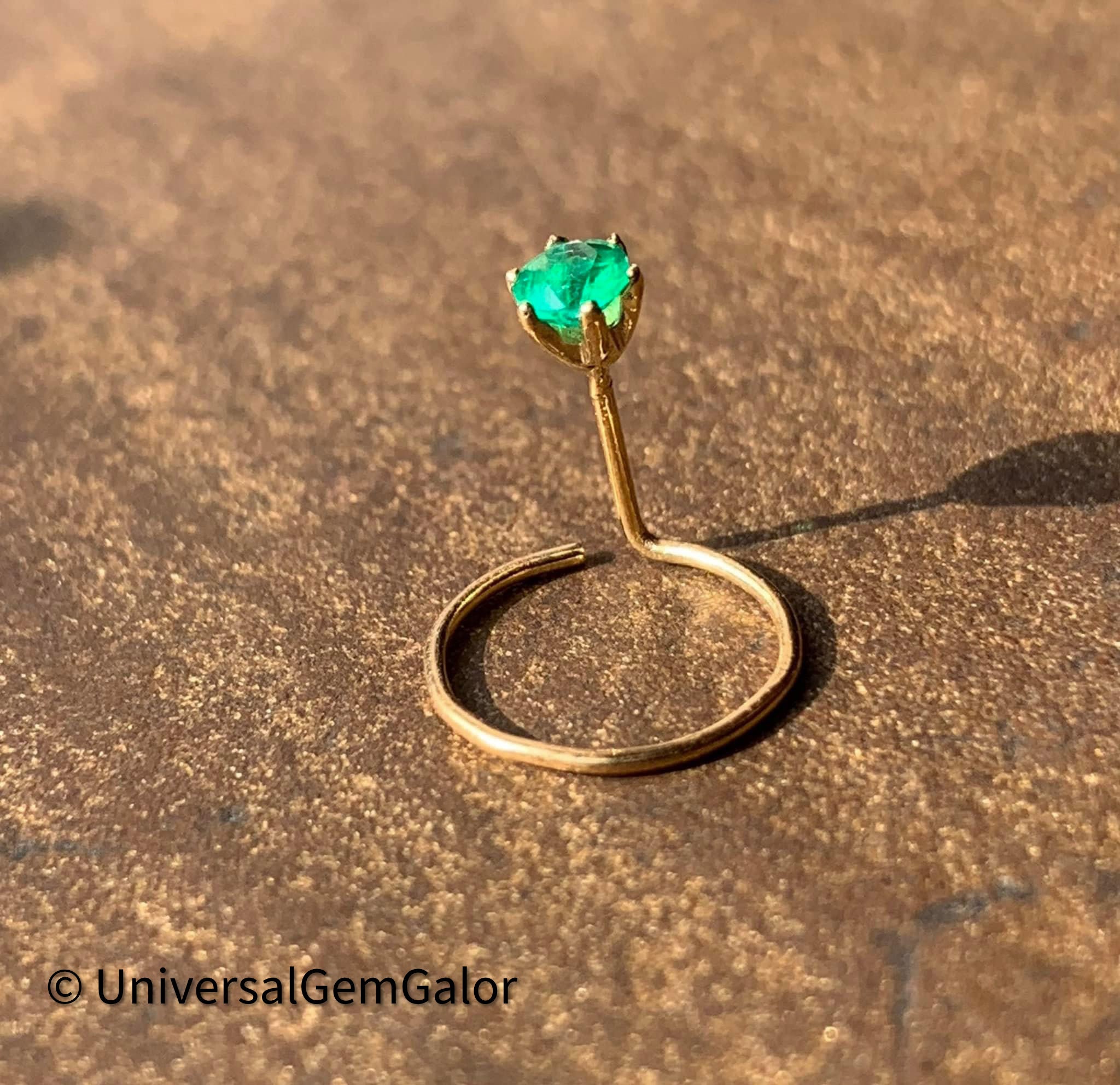 14k Solid Gold Tiny Emerald Nose Pin Zambian Emerald Earring May Birthstone Nose Pin 3mm Round ...