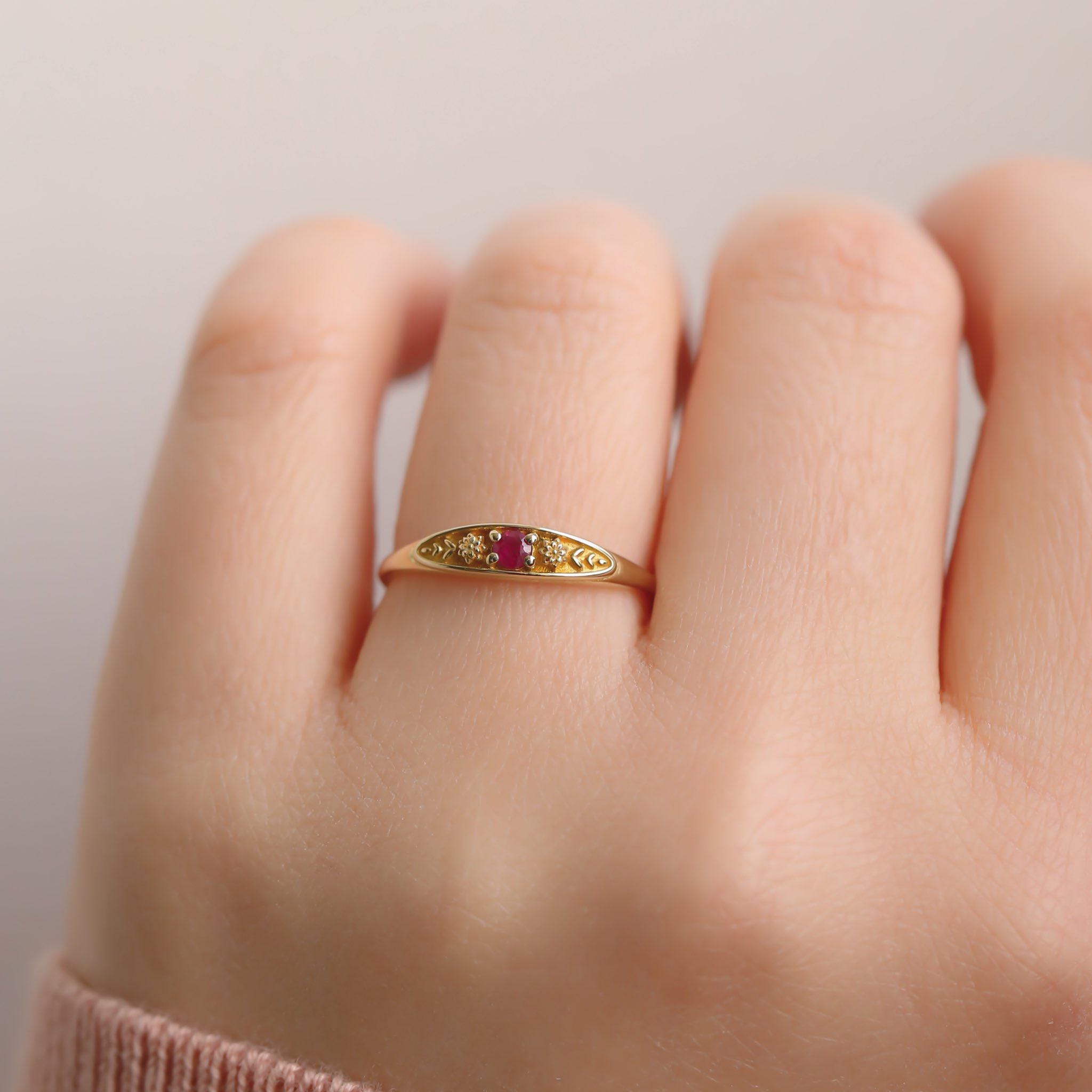 Natural Red Ruby Birth Flower Ring• Dainty Birthstone Ring• Gold Filled ...