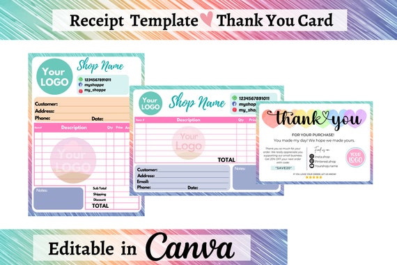 Editable Receipt template and Thank you card for small - Etsy México