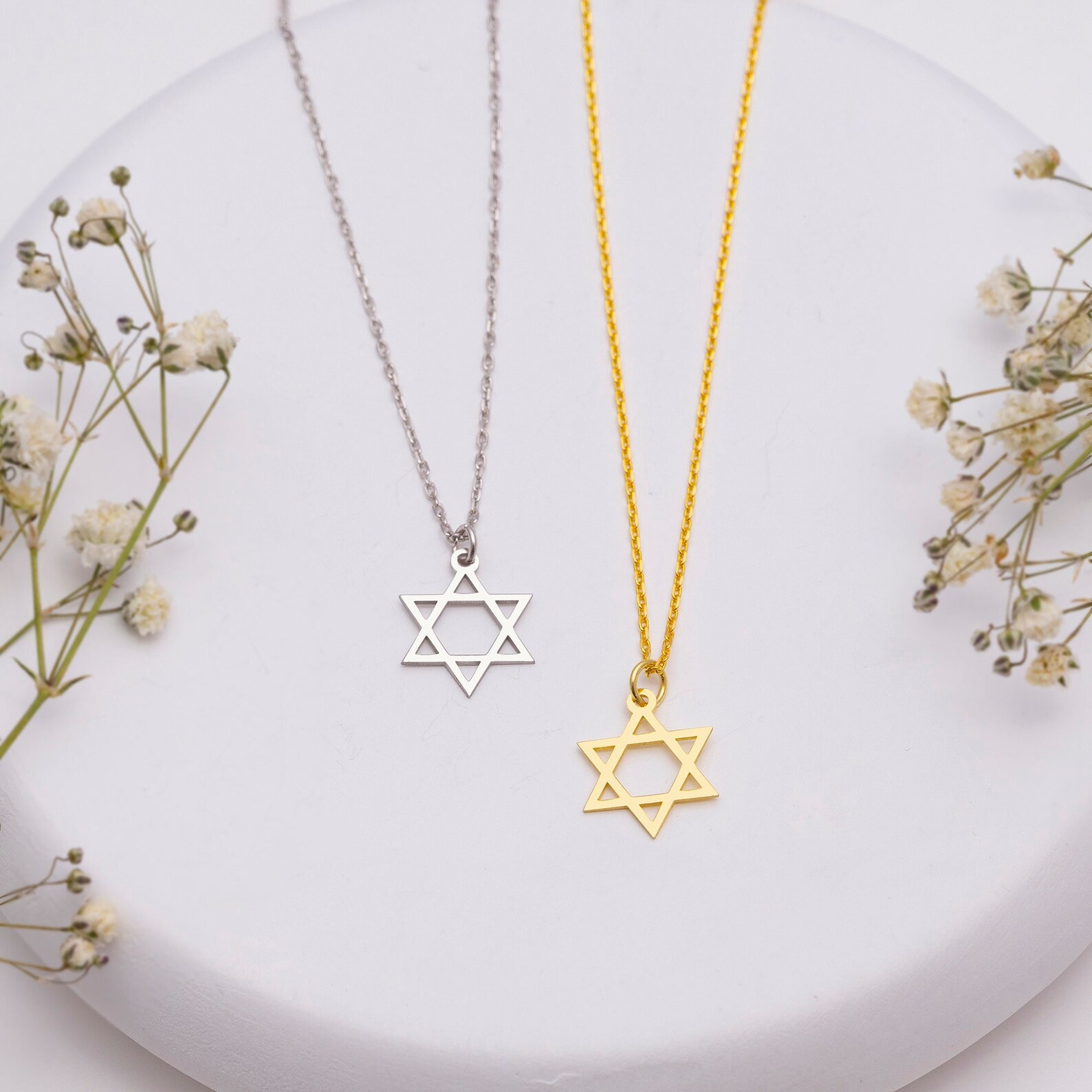 14K Solid Gold Star of David Necklace, Silver Magen David, Tiny Silver ...