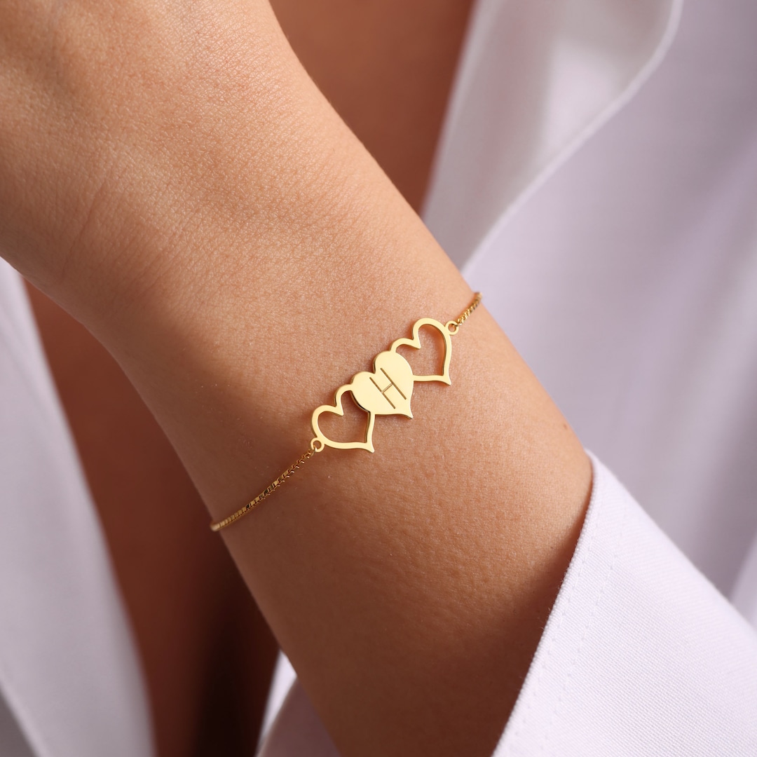 14k Gold Plated Heart Bracelet, Engraved Dainty Silver Heart Bracelet ...