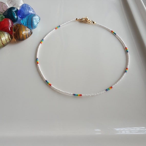 Tiny Seed Bead Necklace Dainty Choker Rainbow Beaded Necklace Thin Beaded Necklace Etsy