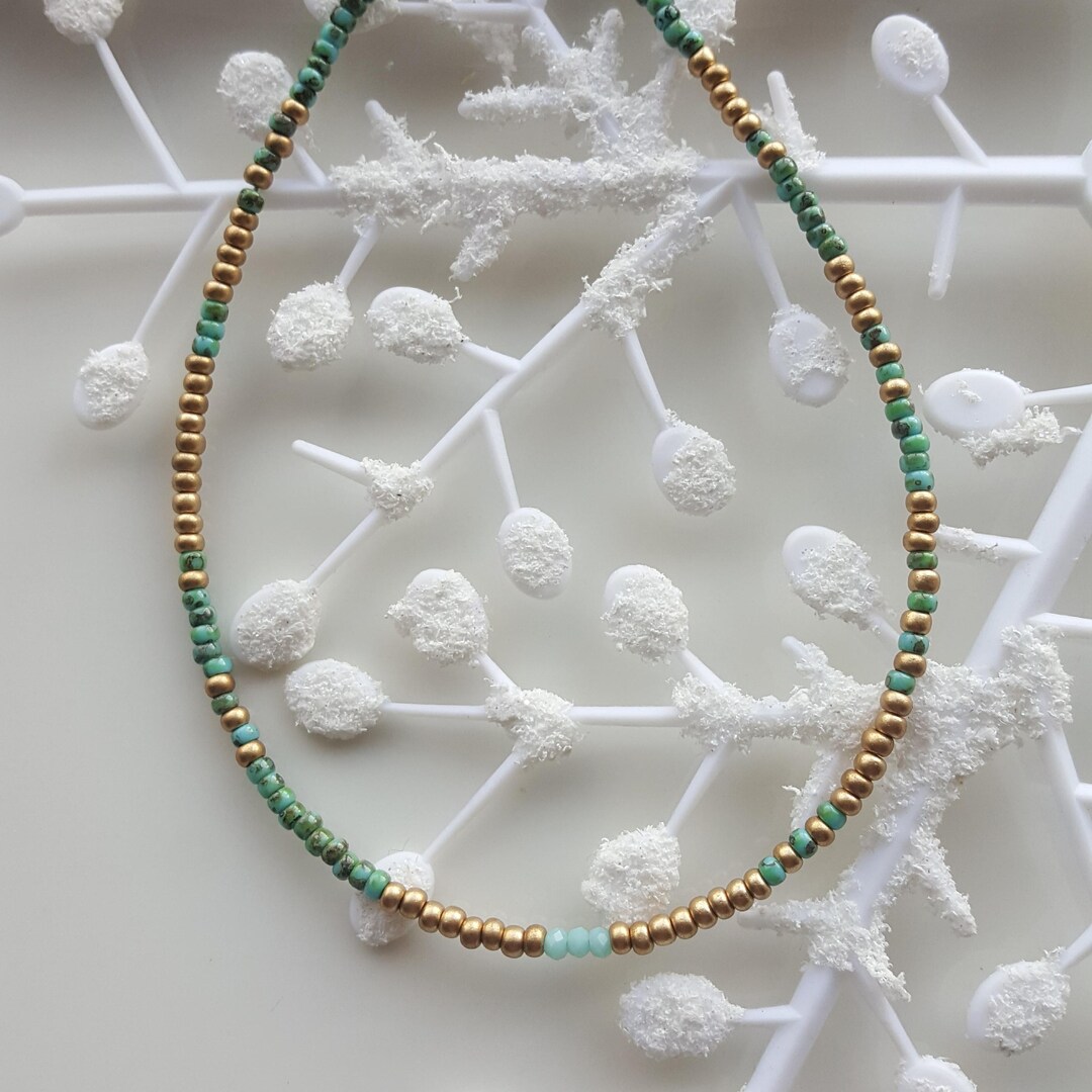 Tiny Seed Bead Necklace, Thin Gold Beaded Necklace, Small Bead Colorful ...