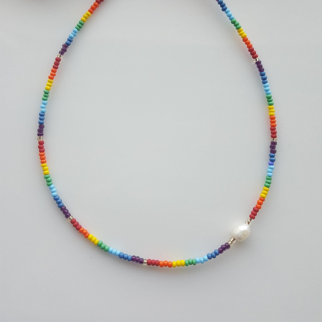 Dark Rainbow Seed Bead Necklace: Colorful Boho Gem Chain - Etsy