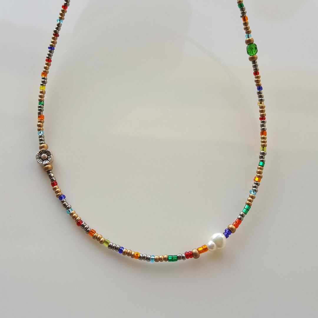 Colorful Rainbow Small Glass Crystal Minimal Beaded Necklace, Gold Seed ...
