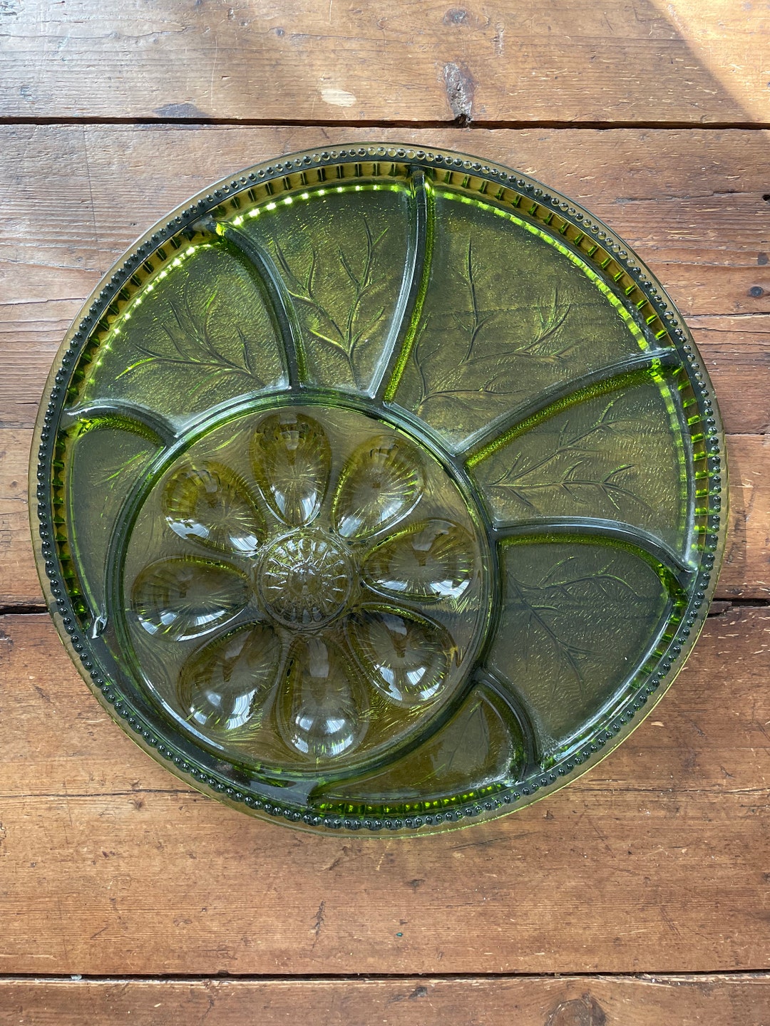 Vintage Green Glass Deviled Egg Plate and Relish Tray, Green Glass ...