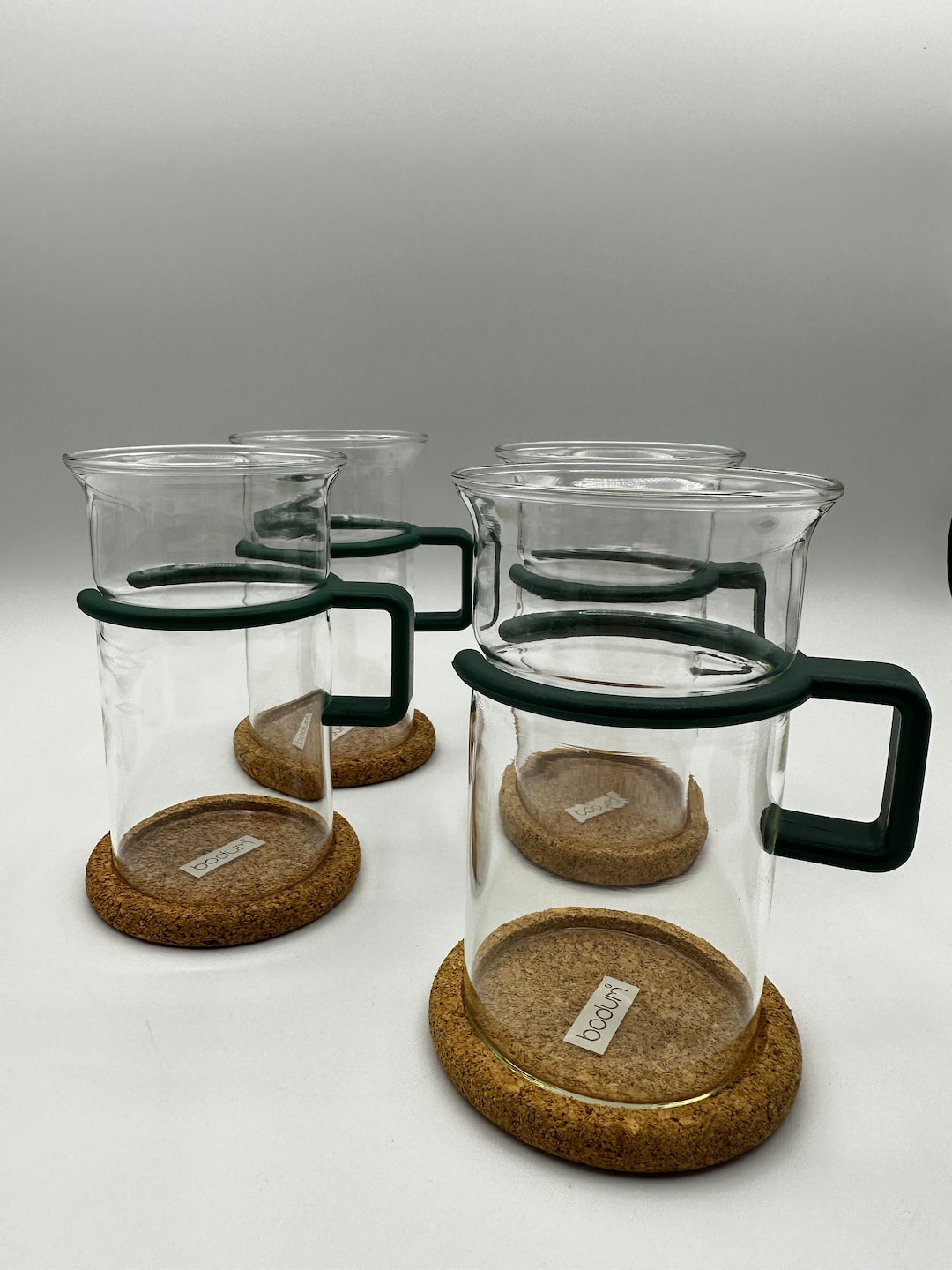 4 Vintage Bodum Clear Glass Mugs With Forest Green Handle and Cork ...