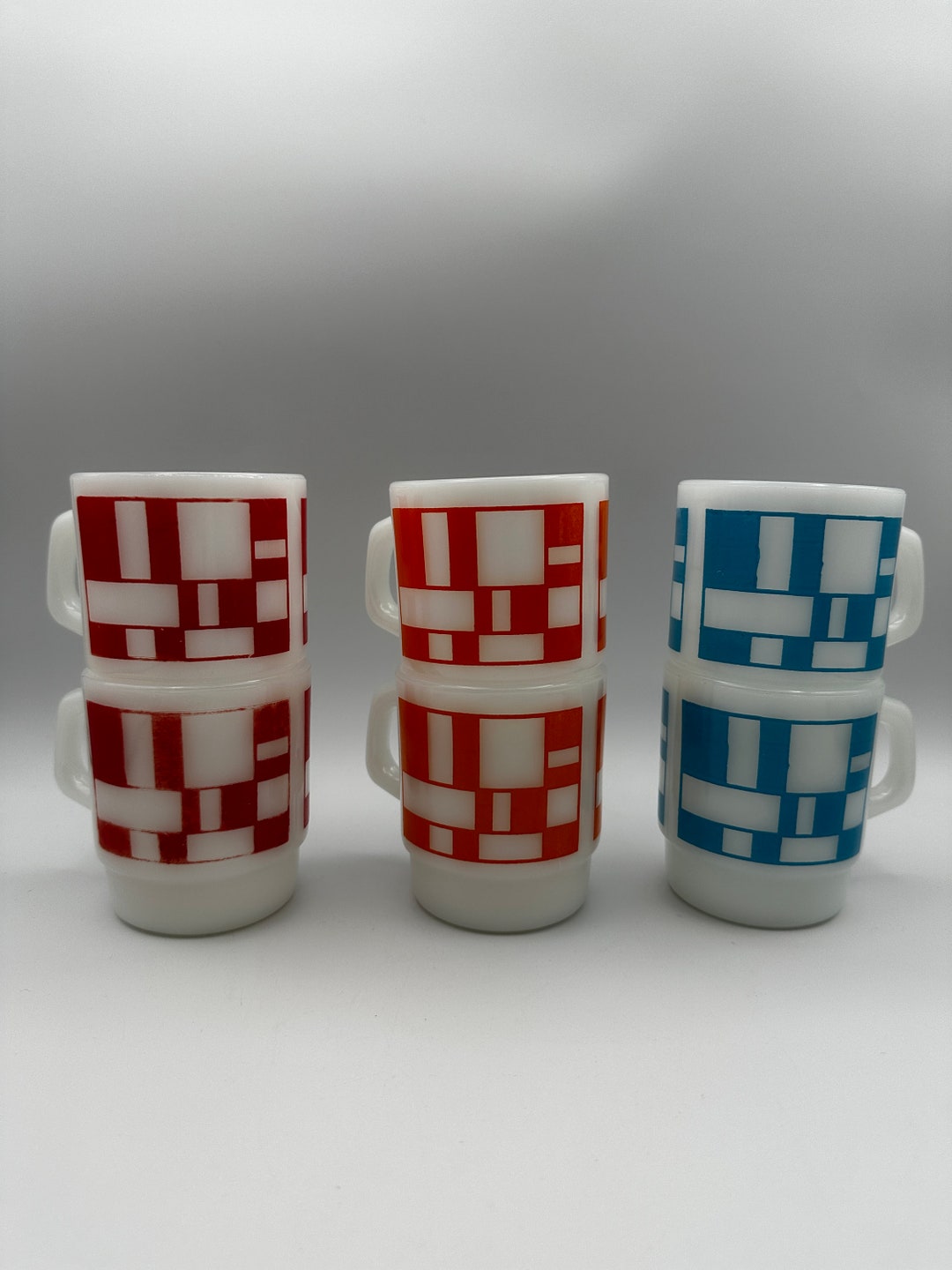 Set of 6 Rare Milk Glass Fire King Mugs Block/checker Pattern - Etsy