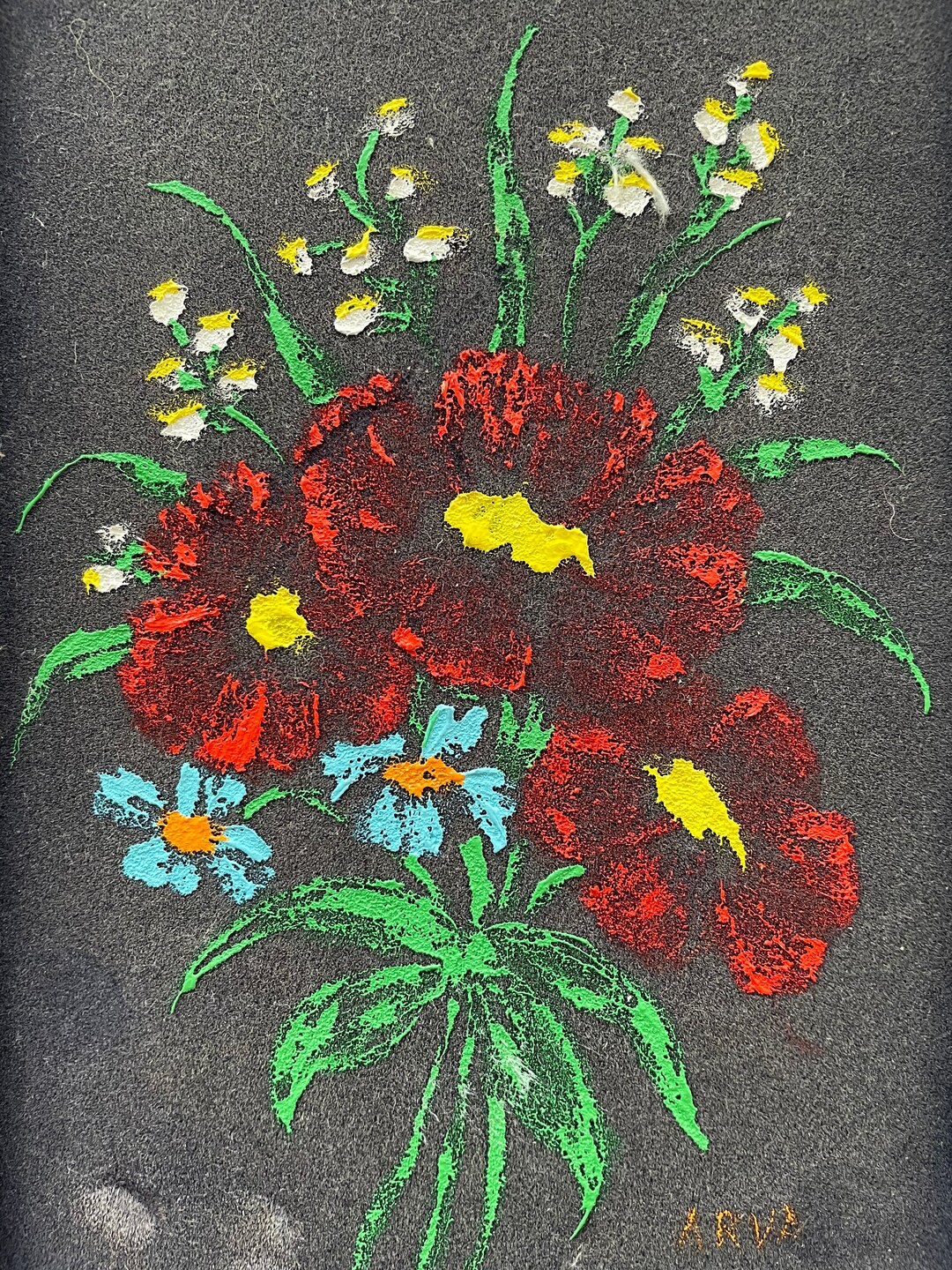 Vintage Painting on Velour, Flower Painted on Black Velour Background ...