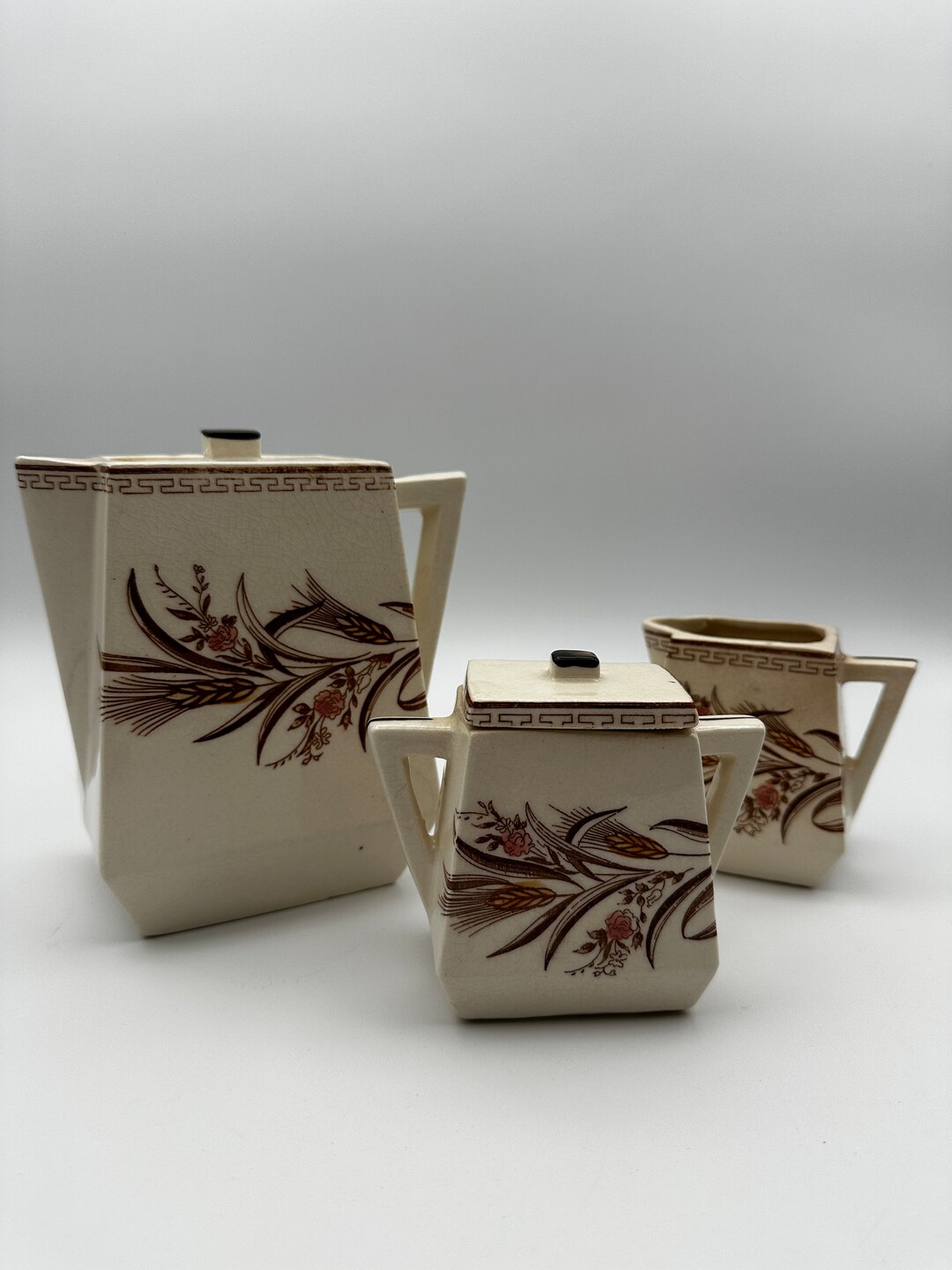 Gorgeous Japanese Glazed Tea Set With Wheat Harvest Pattern Tea Pot ...