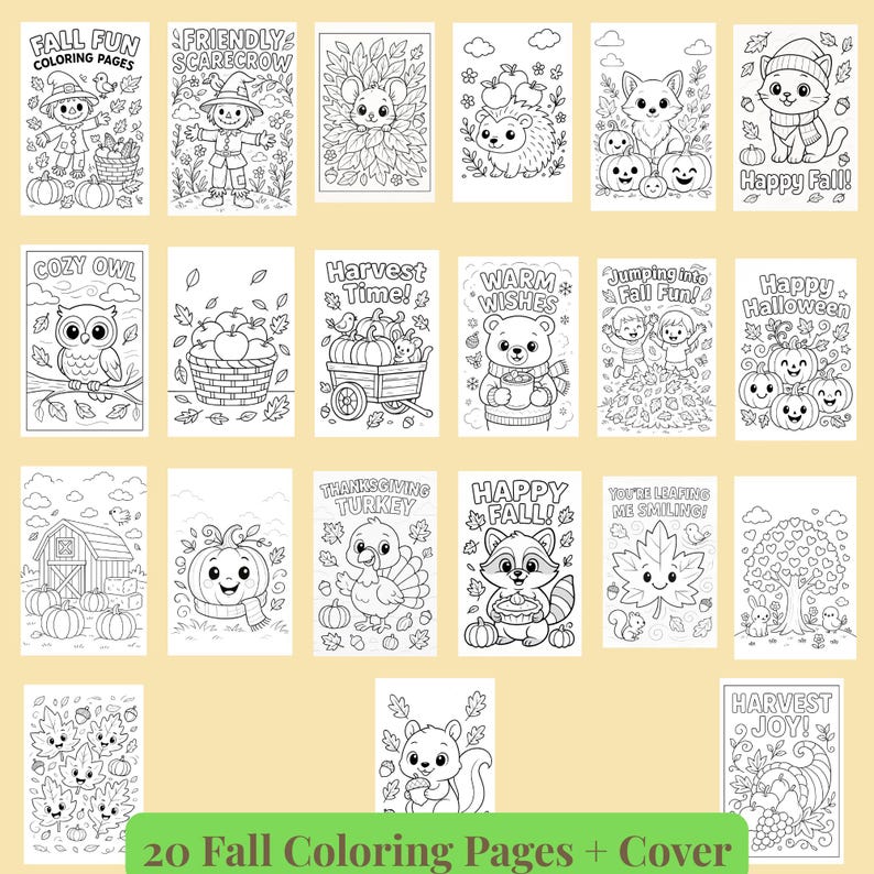 Fall Coloring Pages for Kids | Autumn Animals & Leaves (PDF Pattern) - Etsy
