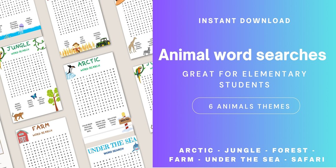 Animal Word Search Puzzle for Young Kids - Printable; Safari, Jungle ...
