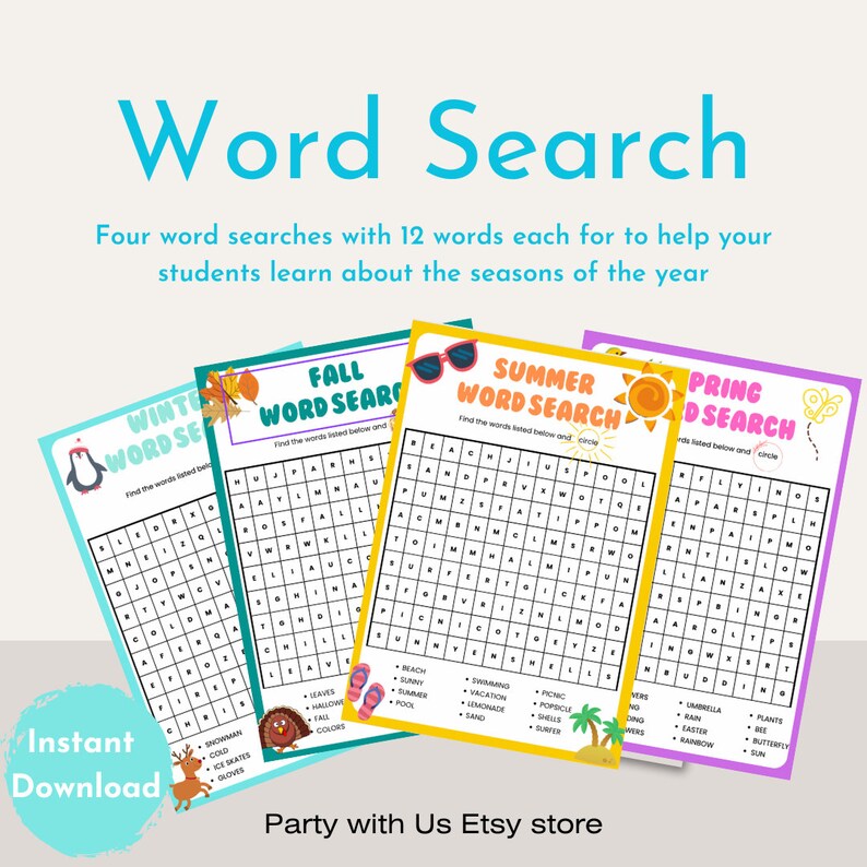Four Seasons Word Search Puzzle for Young Kids - Printable - Etsy