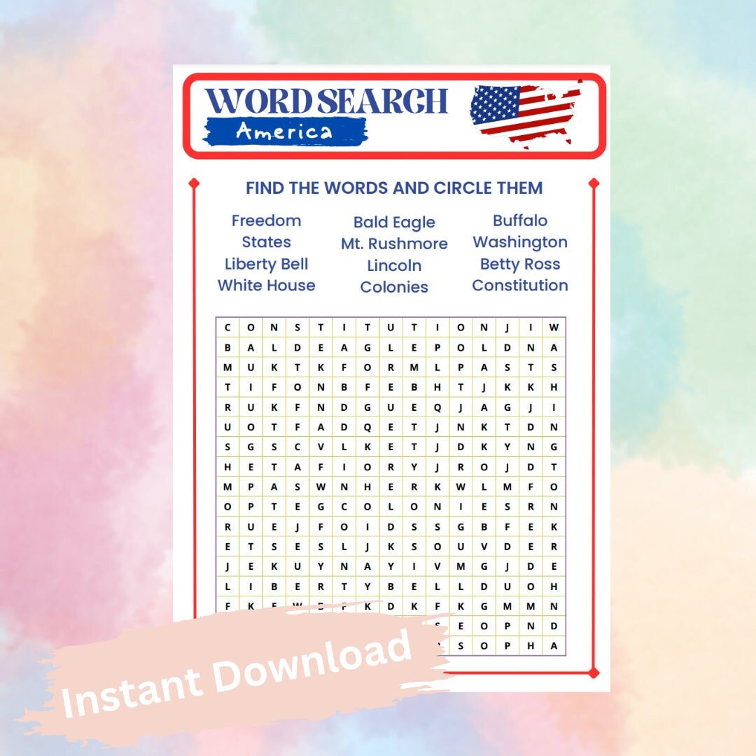 America Word Search Puzzle for Young Kids - Printable; 4th of July ...