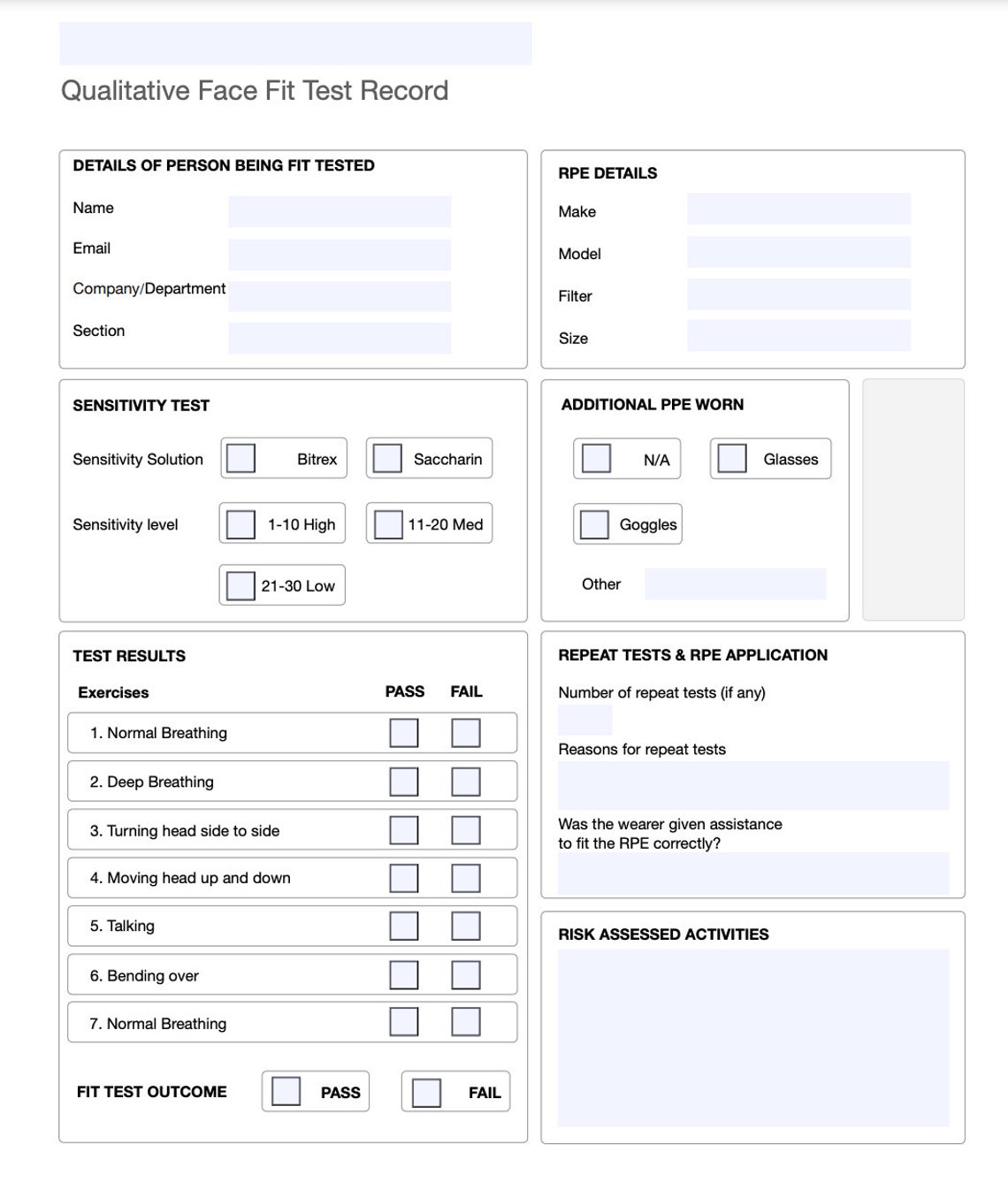 Respirator Face Fit Test Record, Mask Fitting for QUALITATIVE Tests - Etsy
