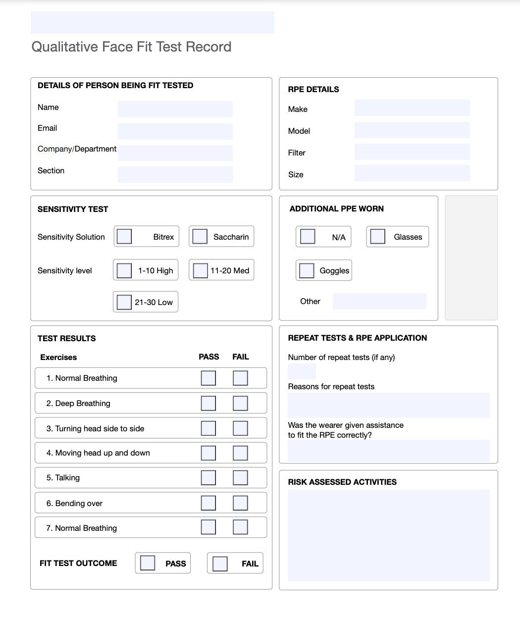 Respirator Face Fit Test Record, Mask Fitting for QUALITATIVE Tests - Etsy
