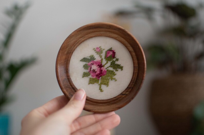 Vintage 1960s Miniature Handmade Pink Rose and Two Buds Cross-stitch in ...