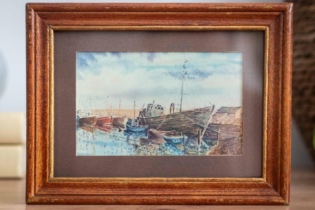Vintage Framed Harbor Scene Print, Oil Painting Reproduction, Rustic ...
