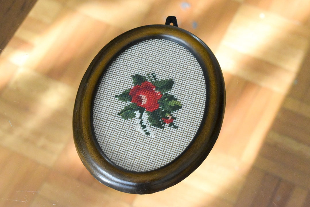 Small Vintage Needlepoint Art in Oval Italian Frame Red Rose Symbol of ...
