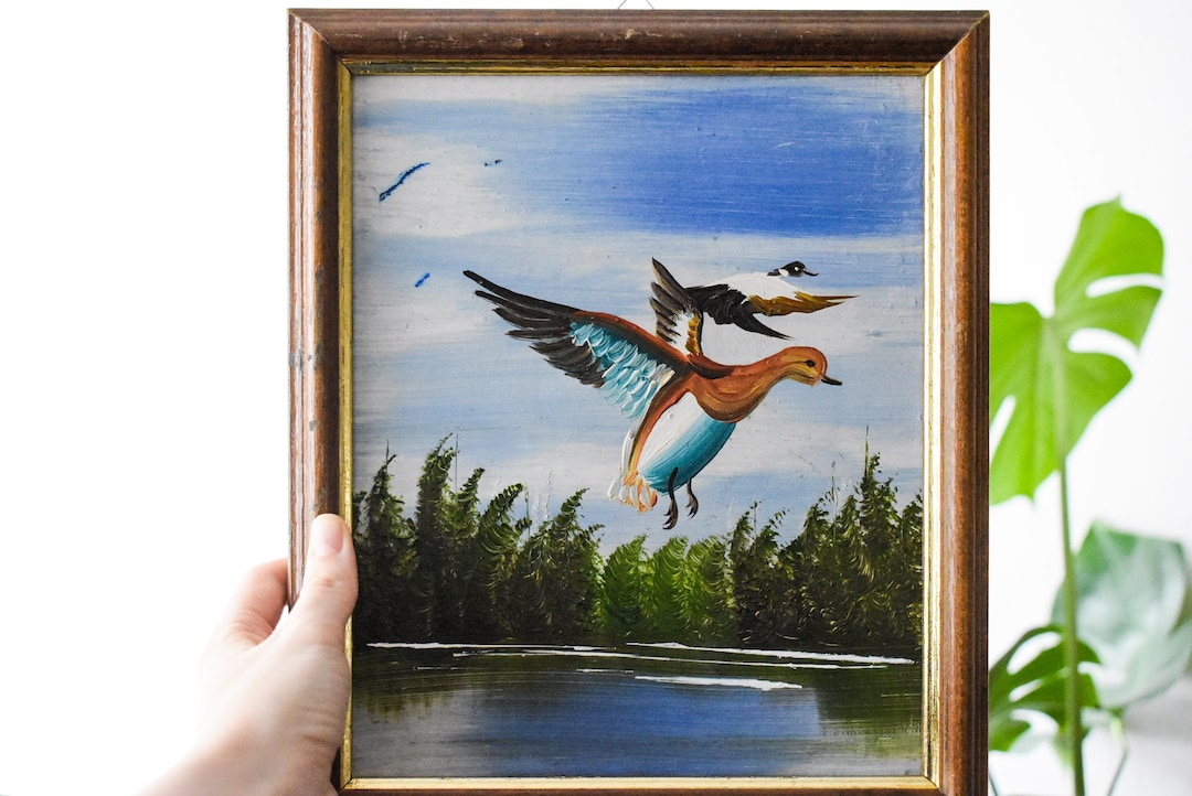 Vintage Bob Ross Style Oil Painting of Flying Geese in Forest Swamp ...