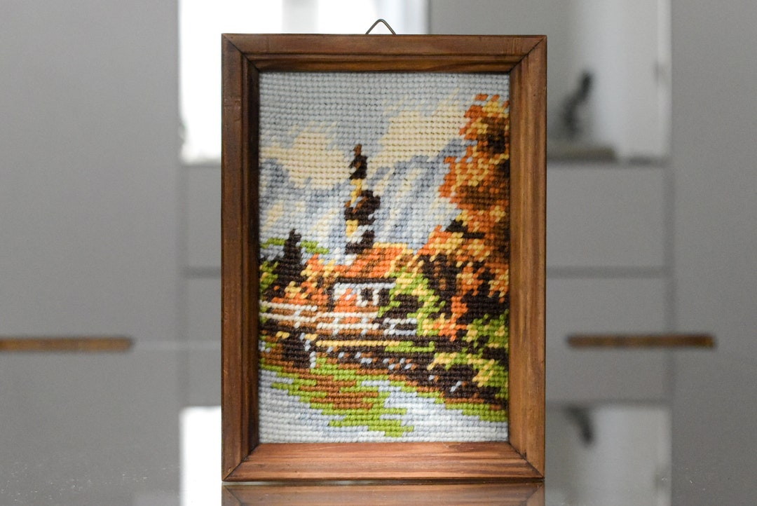 Vintage Needlepoint Art in Antique Wooden Frame - Small Church Near ...