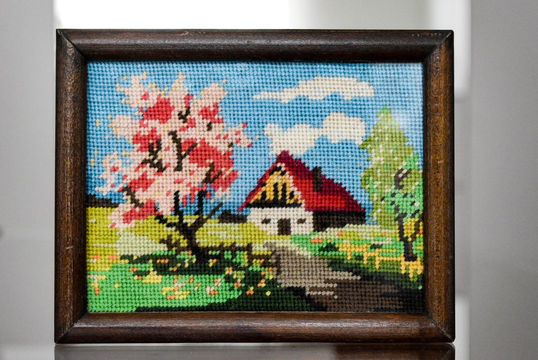 Vintage Needlepoint Art in Beautiful Wooden Frame - Small House in ...