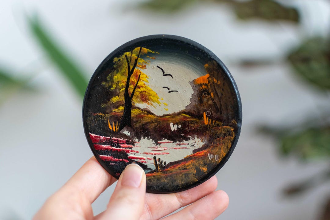 Vintage 1970s Miniature Ceramic Wall Plate – Hand-painted Autumn Lake ...