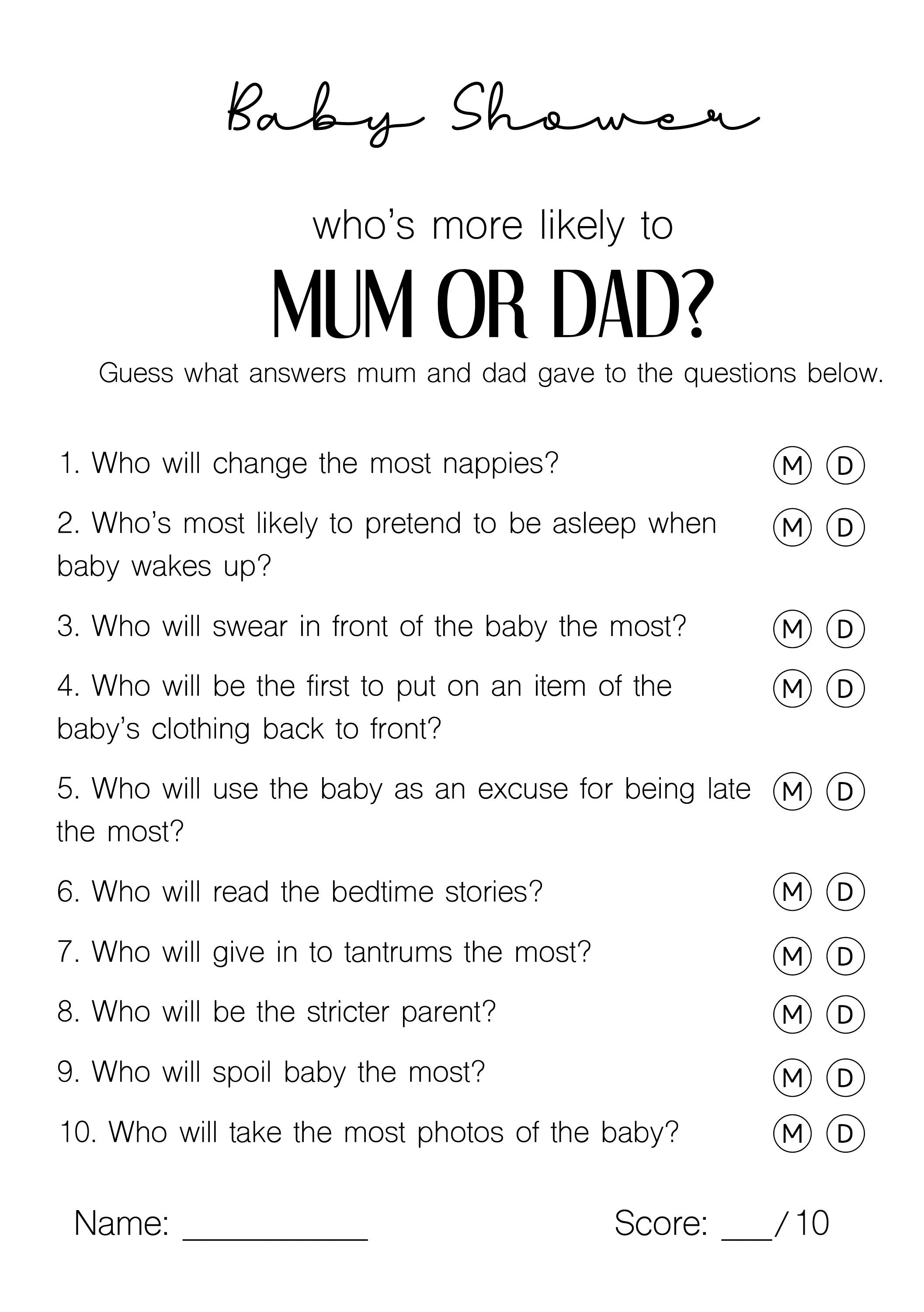 Baby Shower Games | Who's More Likely To...? | Printable | Download ...