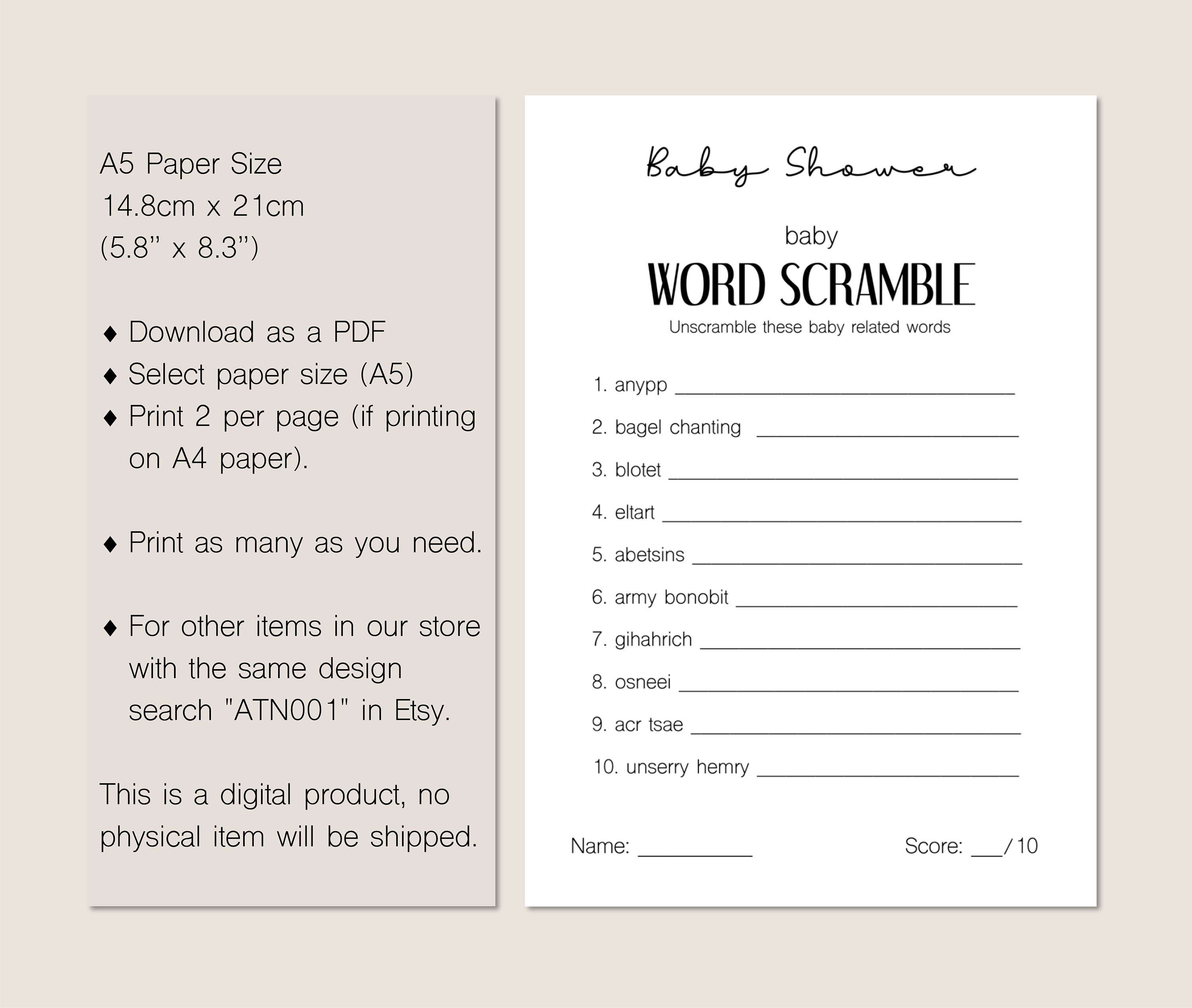 Baby Shower Games | Baby Word Scramble | Printable | Download | ATN001 ...