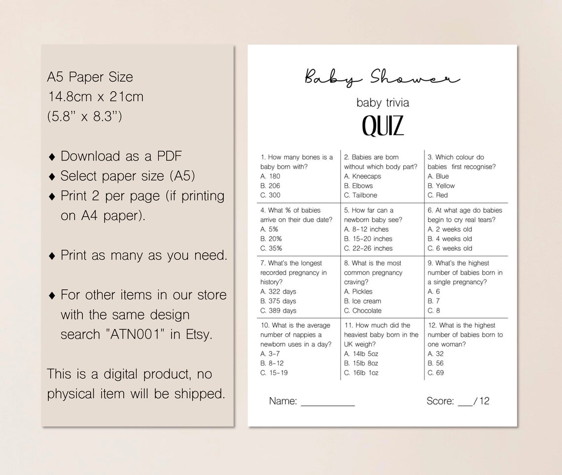 Baby Shower Games | Baby Trivia Quiz | Printable | Download | ATN001 - Etsy