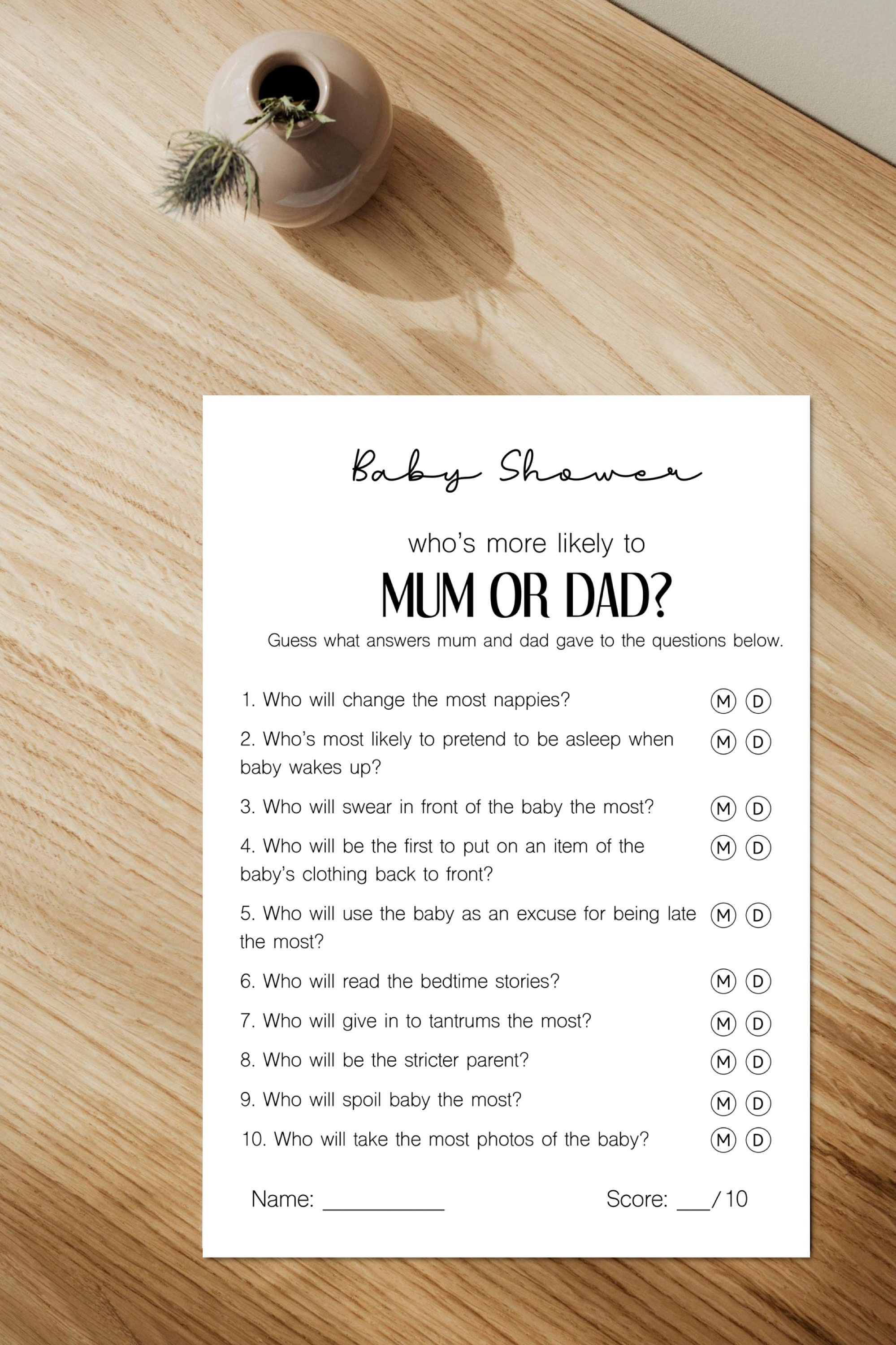 Baby Shower Games | Who's More Likely To...? | Printable | Download ...