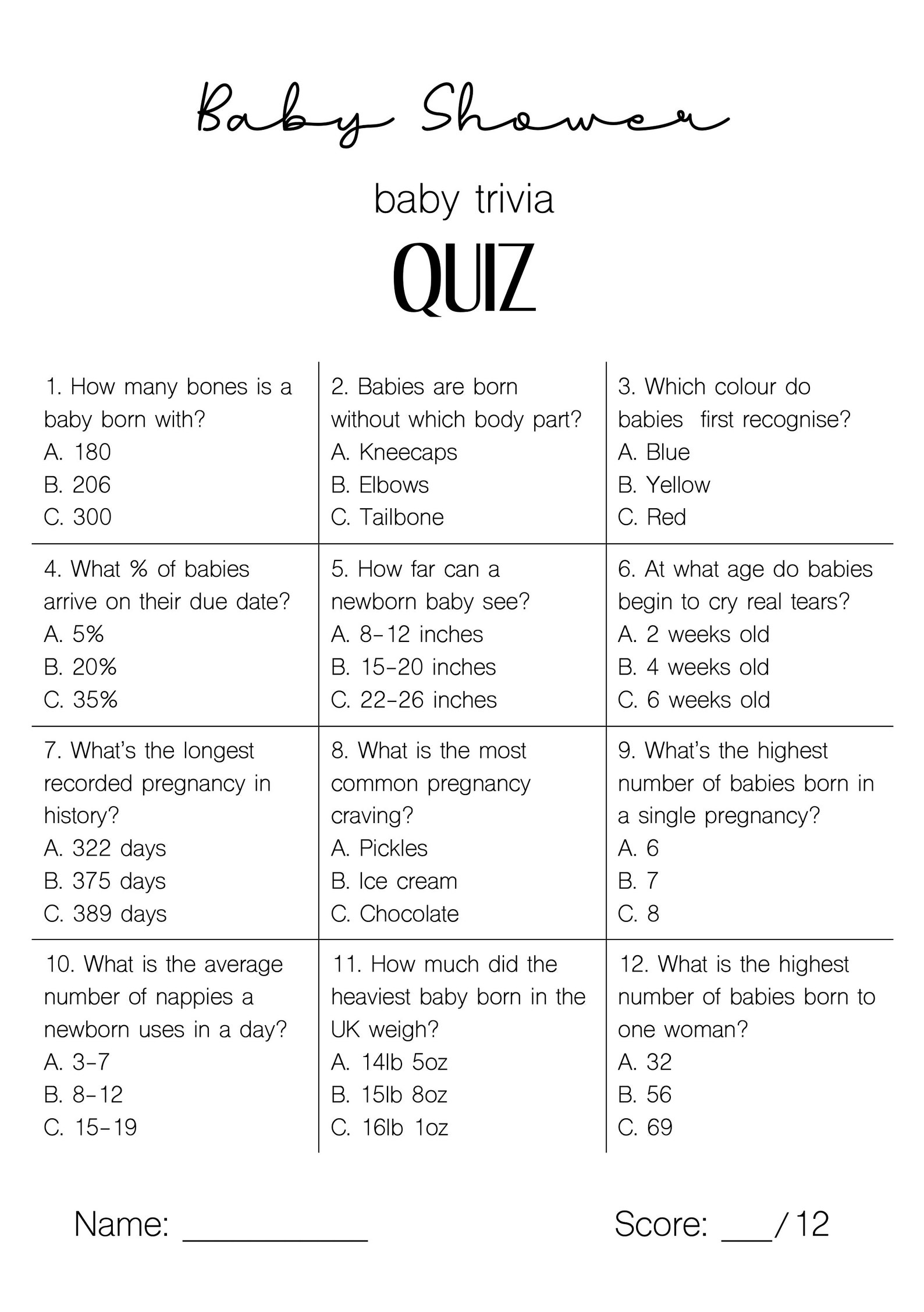 Baby Shower Games | Baby Trivia Quiz | Printable | Download | ATN001 - Etsy