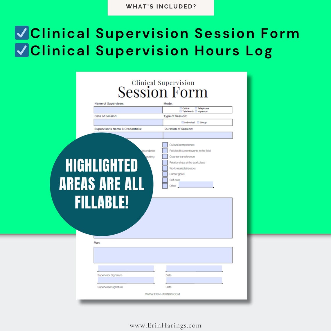 Clinical Supervision Session Form and Hours Log | Digitally Fillable PDF | Template | Mental ...