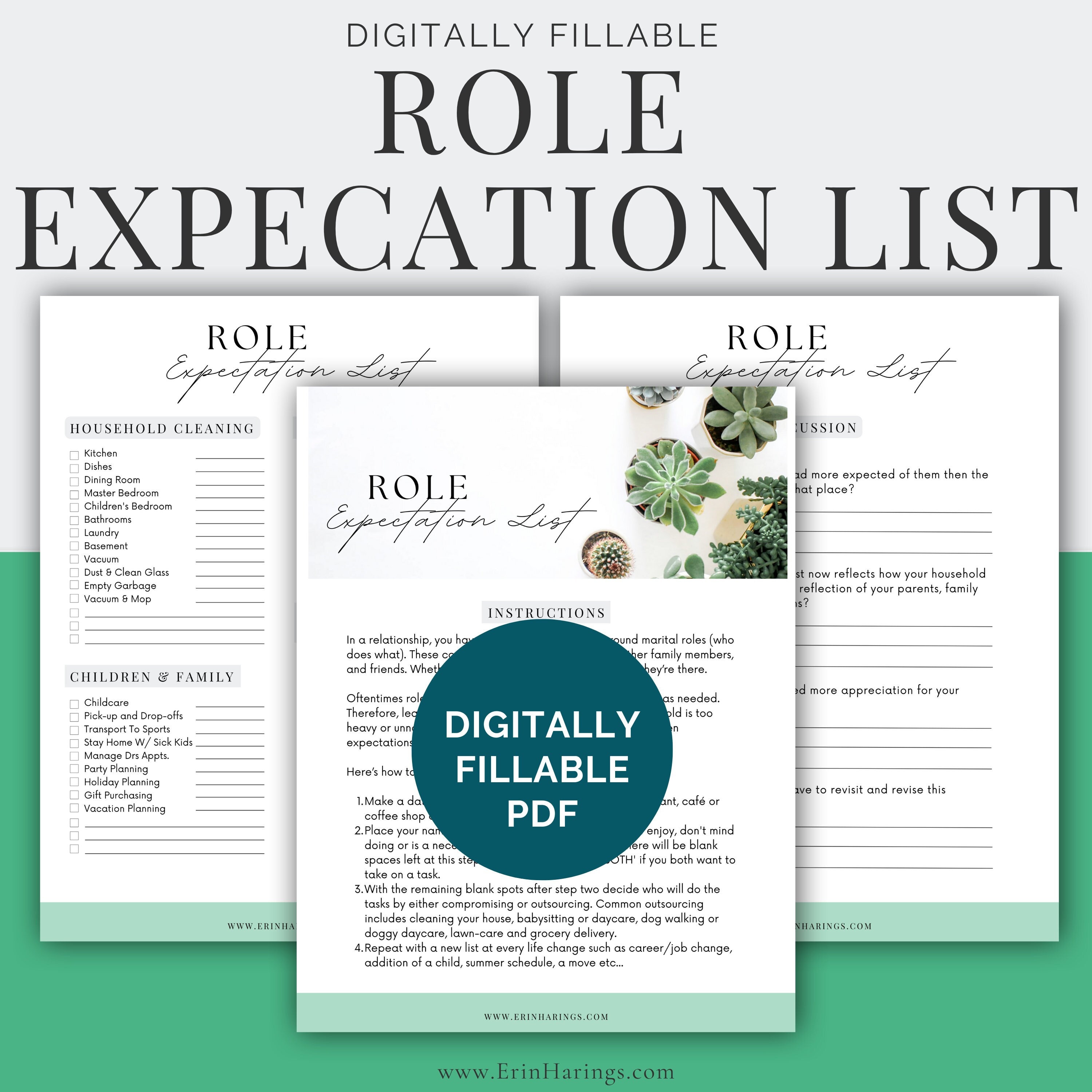 Couples Therapy Worksheets | Role Expectation List | Relationship ...