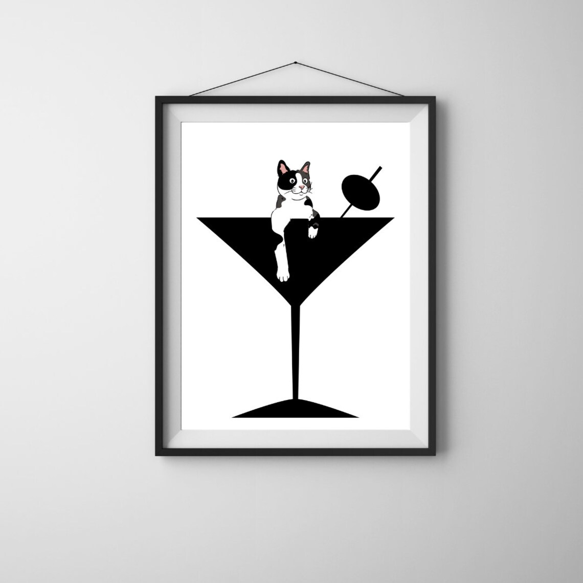 Cat Martini Print, Cat Cocktail Wall Art, Black and White Cat Print. - Etsy