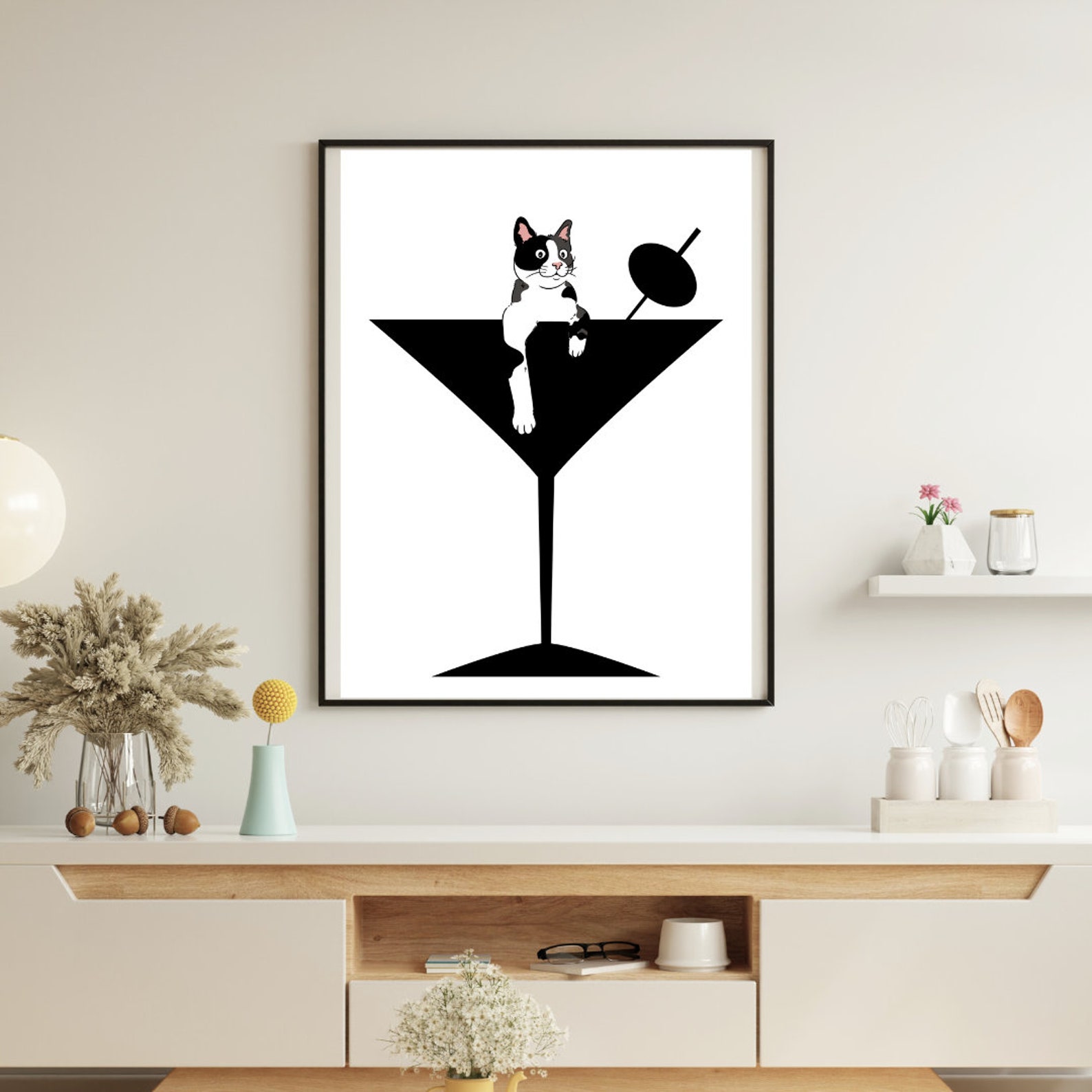 Cat Martini Print, Cat Cocktail Wall Art, Black and White Cat Print. - Etsy