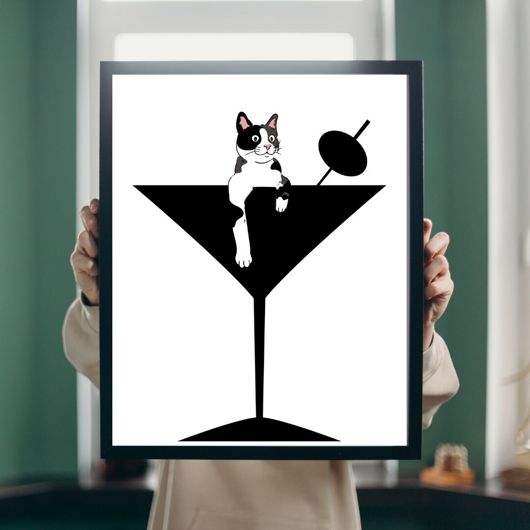 Cat Martini Print, Cat Cocktail Wall Art, Black and White Cat Print. - Etsy