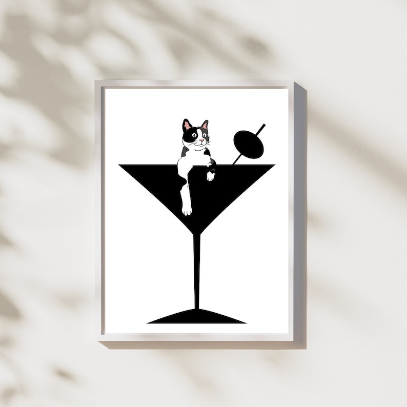 Cat Martini Print, Cat Cocktail Wall Art, Black and White Cat Print. - Etsy