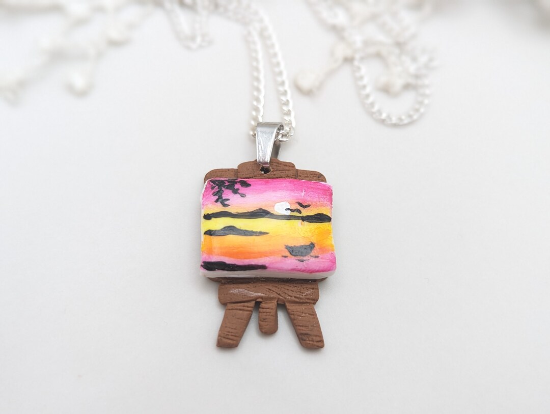 Handpainted Sunset Canvas Necklace | Polymer Clay Pendant, Silver ...