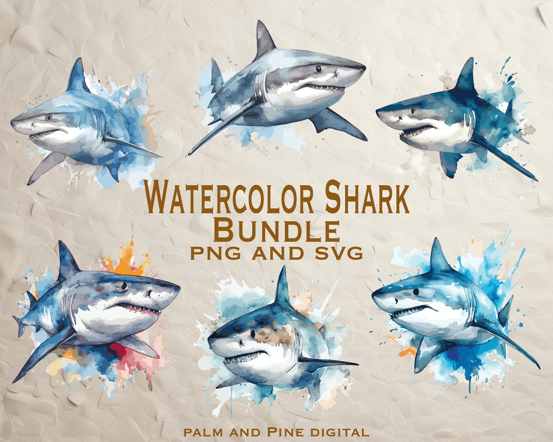 Watercolor Shark Clipart Svg, Great White Shark Bundle, Marine Predator ...