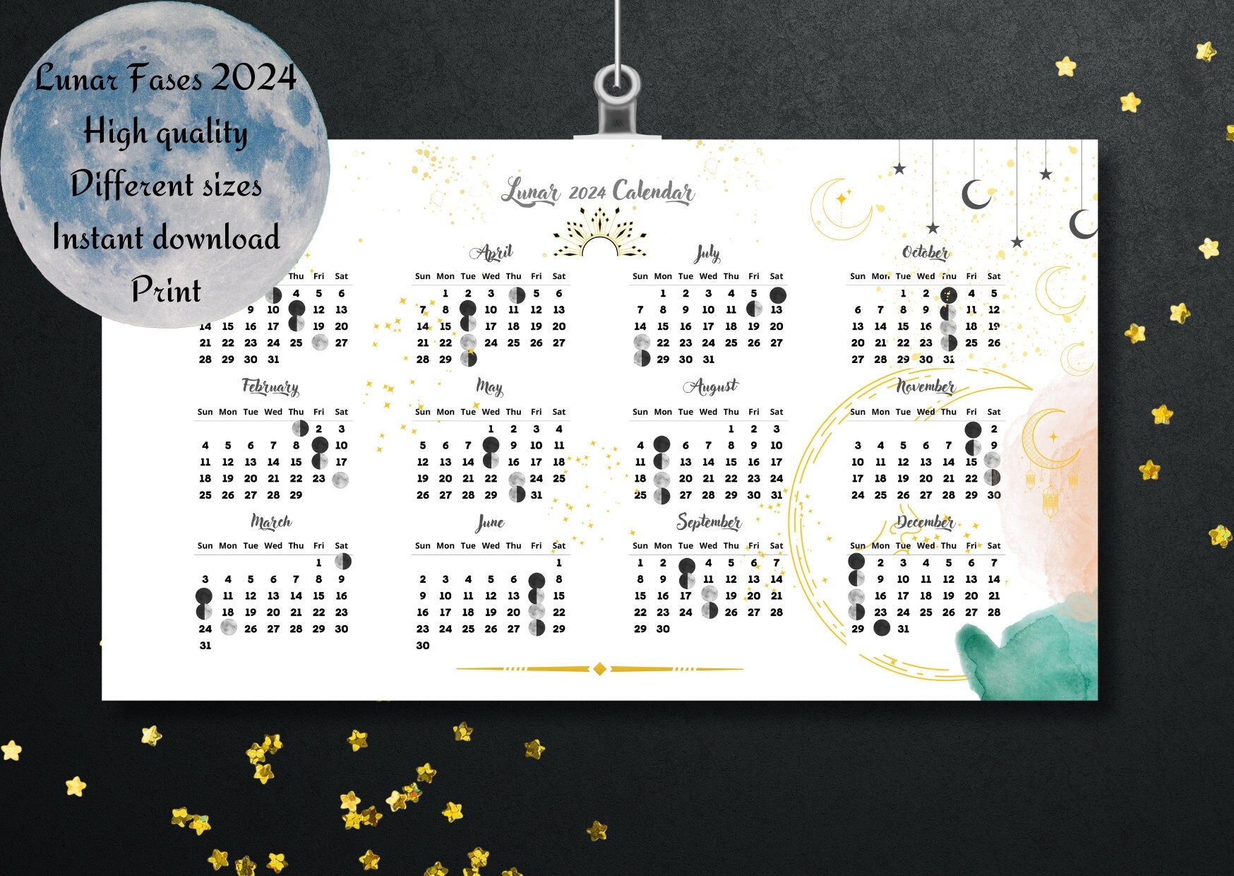 Lunar Calendar 2024: Phases of the Moon, Lunar Planning 2024, JPG 300pp ...