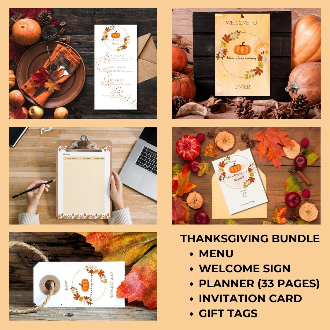 Thanksgiving Dinner Bundle: Editable Menu Template, Gift Tags ...