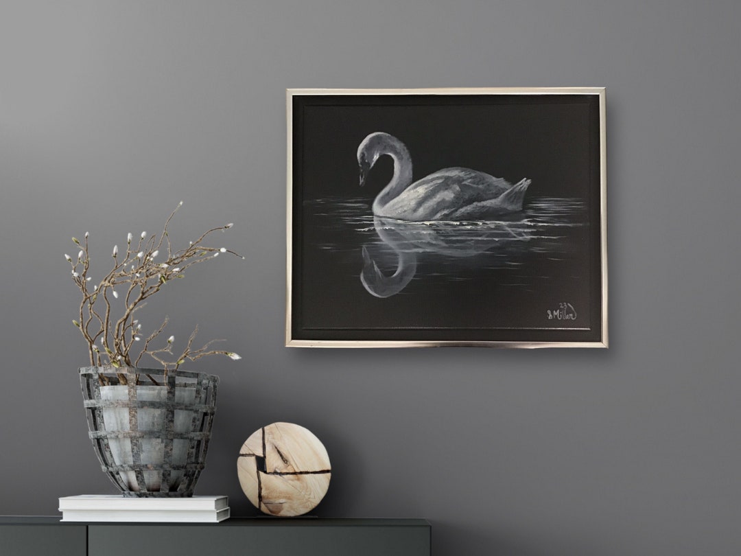 Graceful Swan Original Oil Painting, Dramatic, Monochromatic, Framed ...