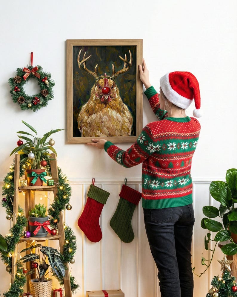 Christmas Chicken Art, Chicken Reindeer Print, Red Nosed Hen, Farmhouse ...